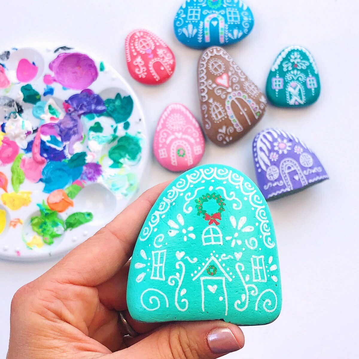 Painted Rock Gingerbread Houses